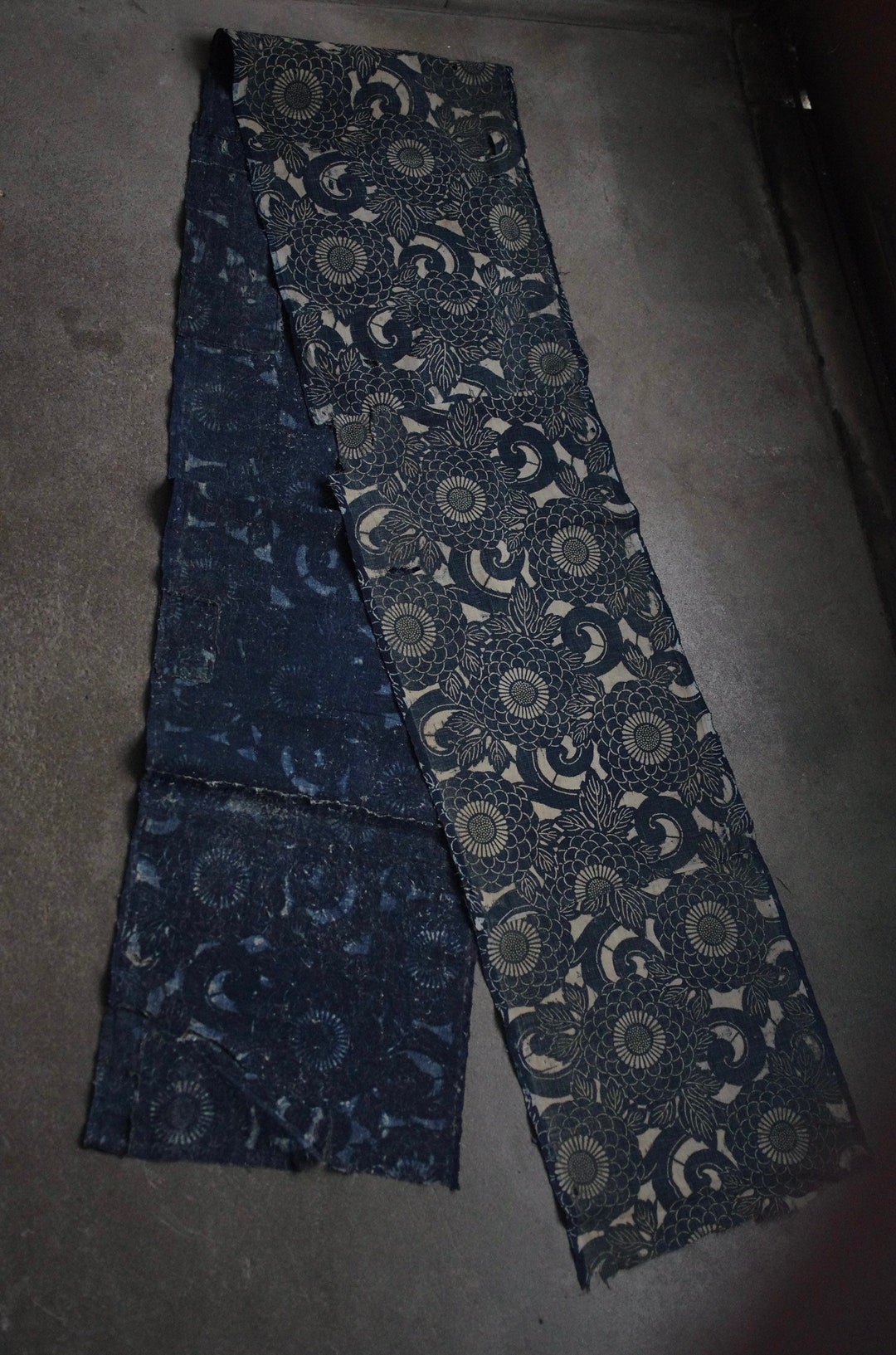 Long Cotton Fabric With Indigo Stencil Dyeing Around the Meiji Period ...
