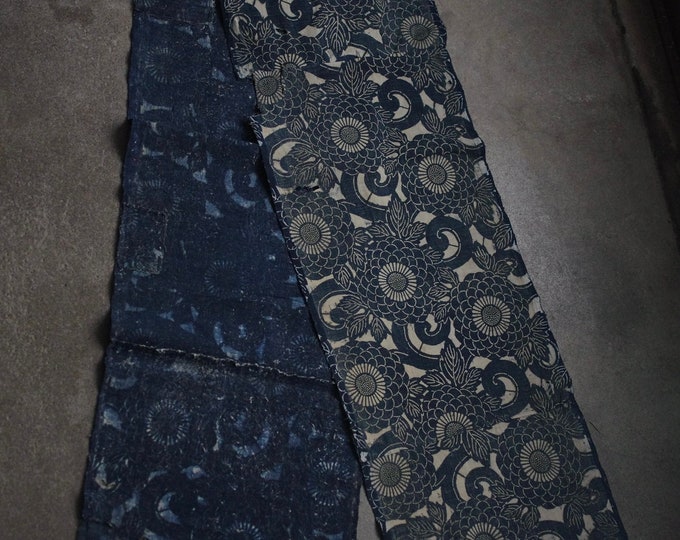 Long Cotton Fabric With Indigo Stencil Dyeing Around the Meiji Period ...