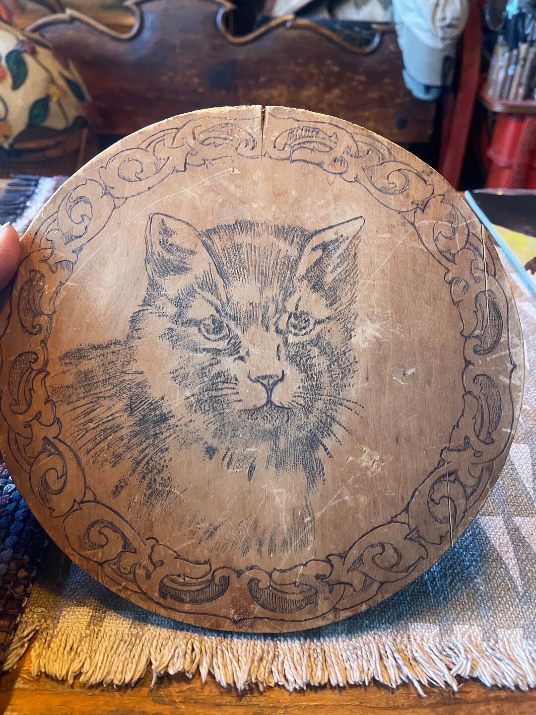 Antique Flemish Pyrography Cat & Child-free Shipping - Etsy
