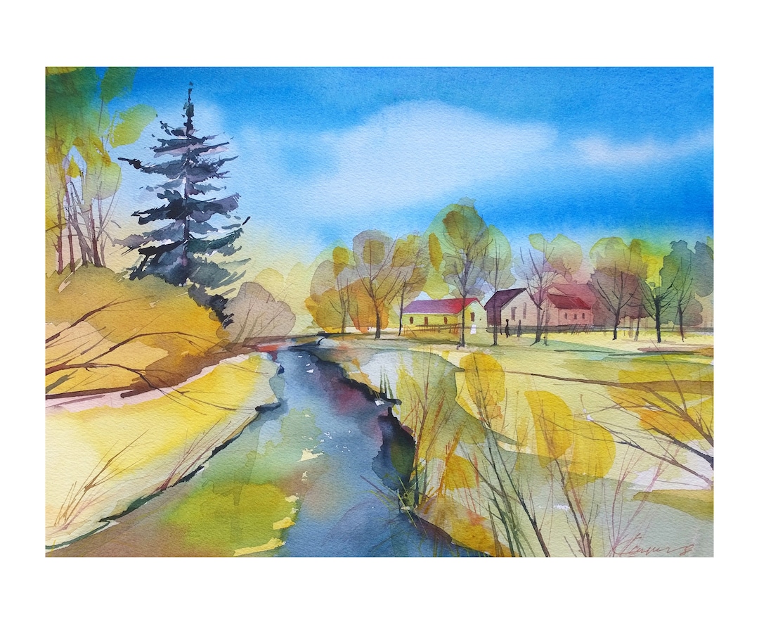 Autumn River Landscape Painting Original Spruce Artwall Watercolor Fall ...
