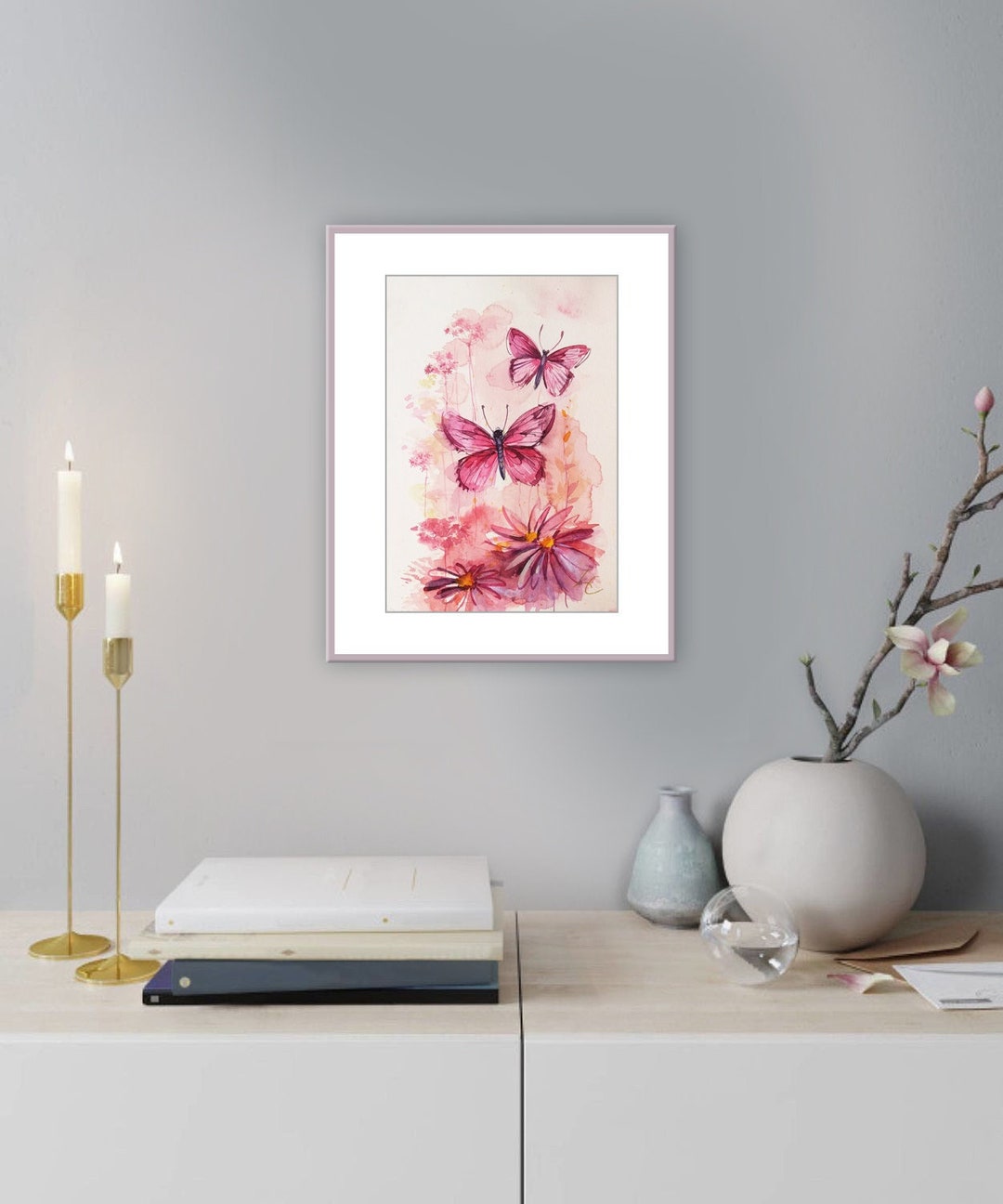 Purple Butterflies Original Watercolor Painting Pink Flowers Art Gift ...