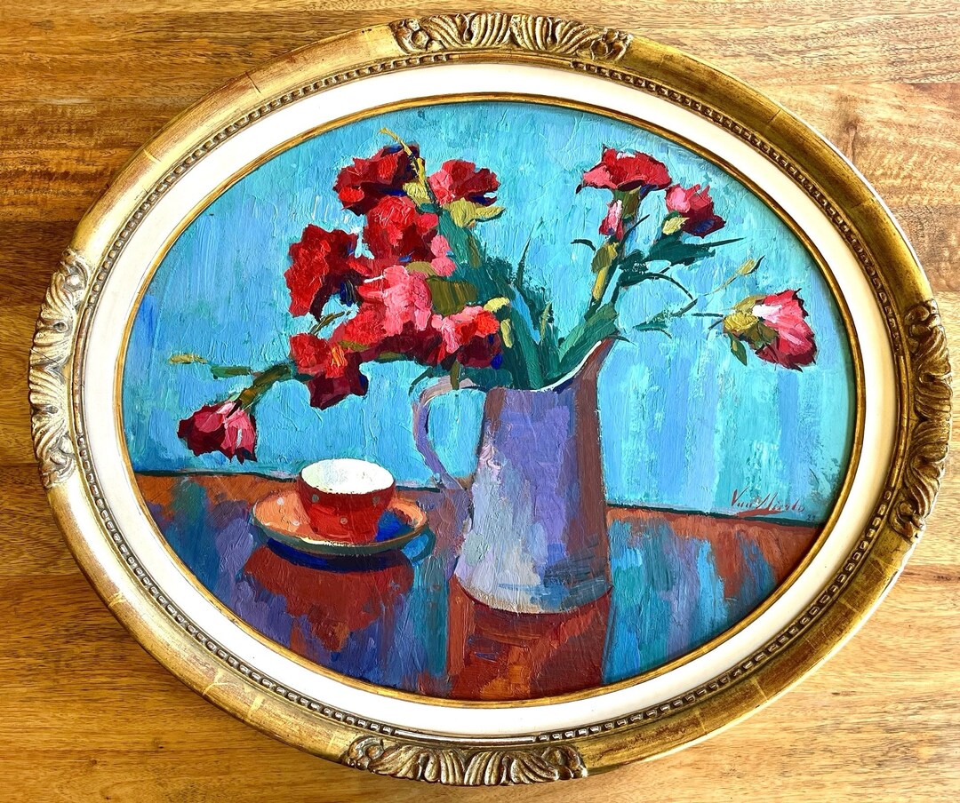 Extraordinary Antique Oil Painting, Original Still Life “carnations” by ...