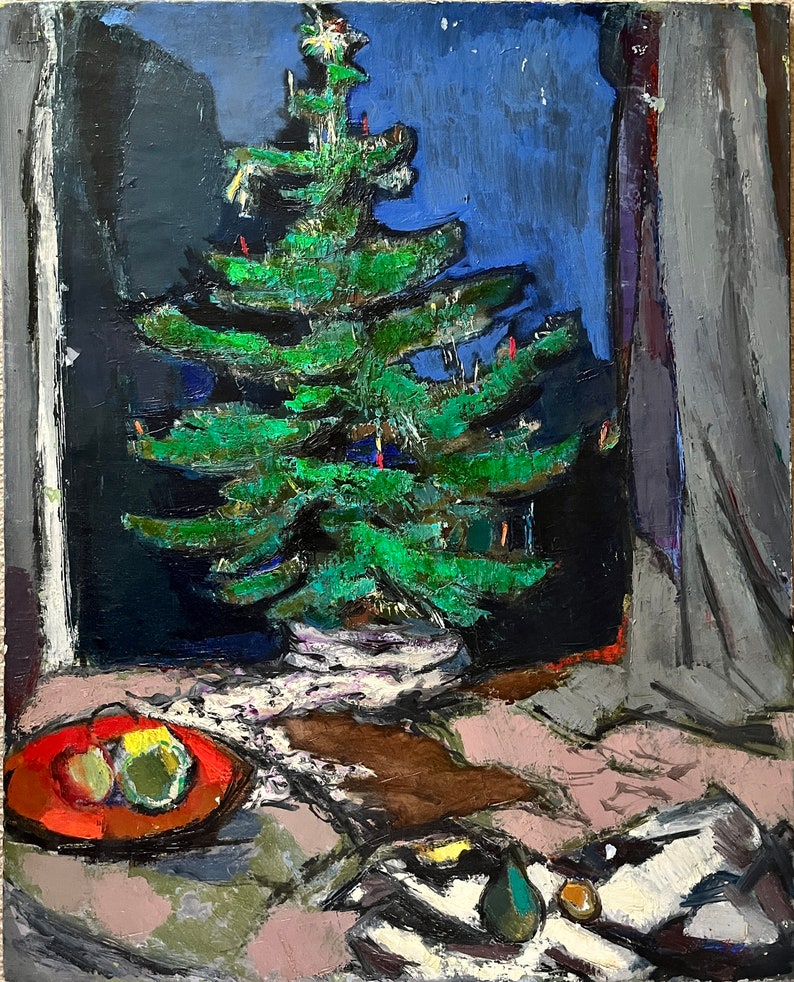 Very Large Original Painting Oil, Vintage Still Life christmas Tree by ...