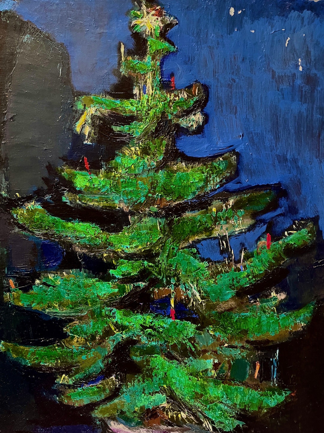 Very Large Original Painting Oil, Vintage Still Life “christmas Tree ...