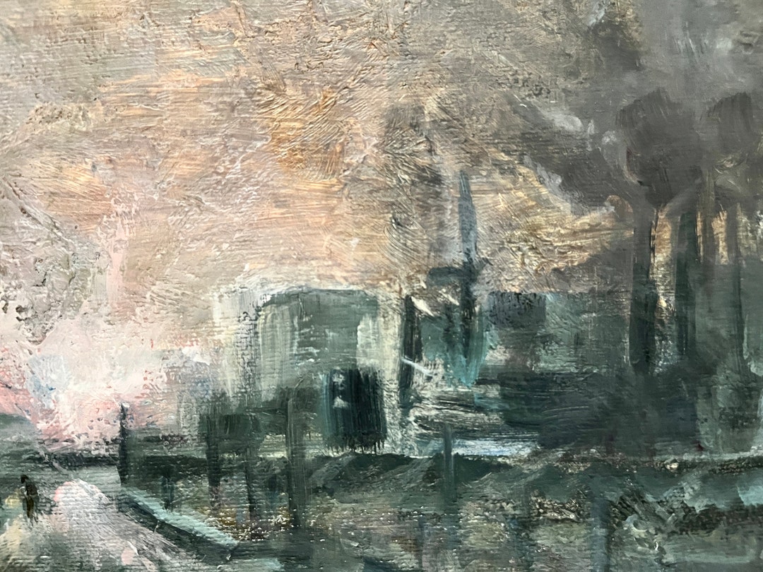 Original Vintage Oil Painting, Industrial Urban Cityscape by R.M ...