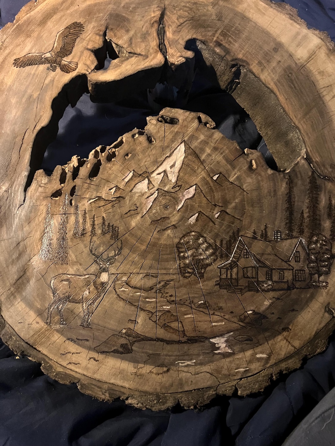 Wood Burned Wildlife Scene Wall Home Cabin Decor, Handmade, Large Live ...