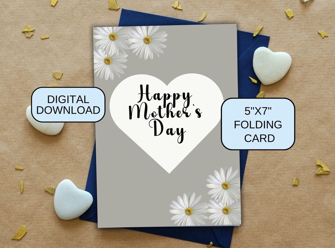 Happy Mother's Day, Folding 5x7 Card, Grey Daisies, Digital Download ...