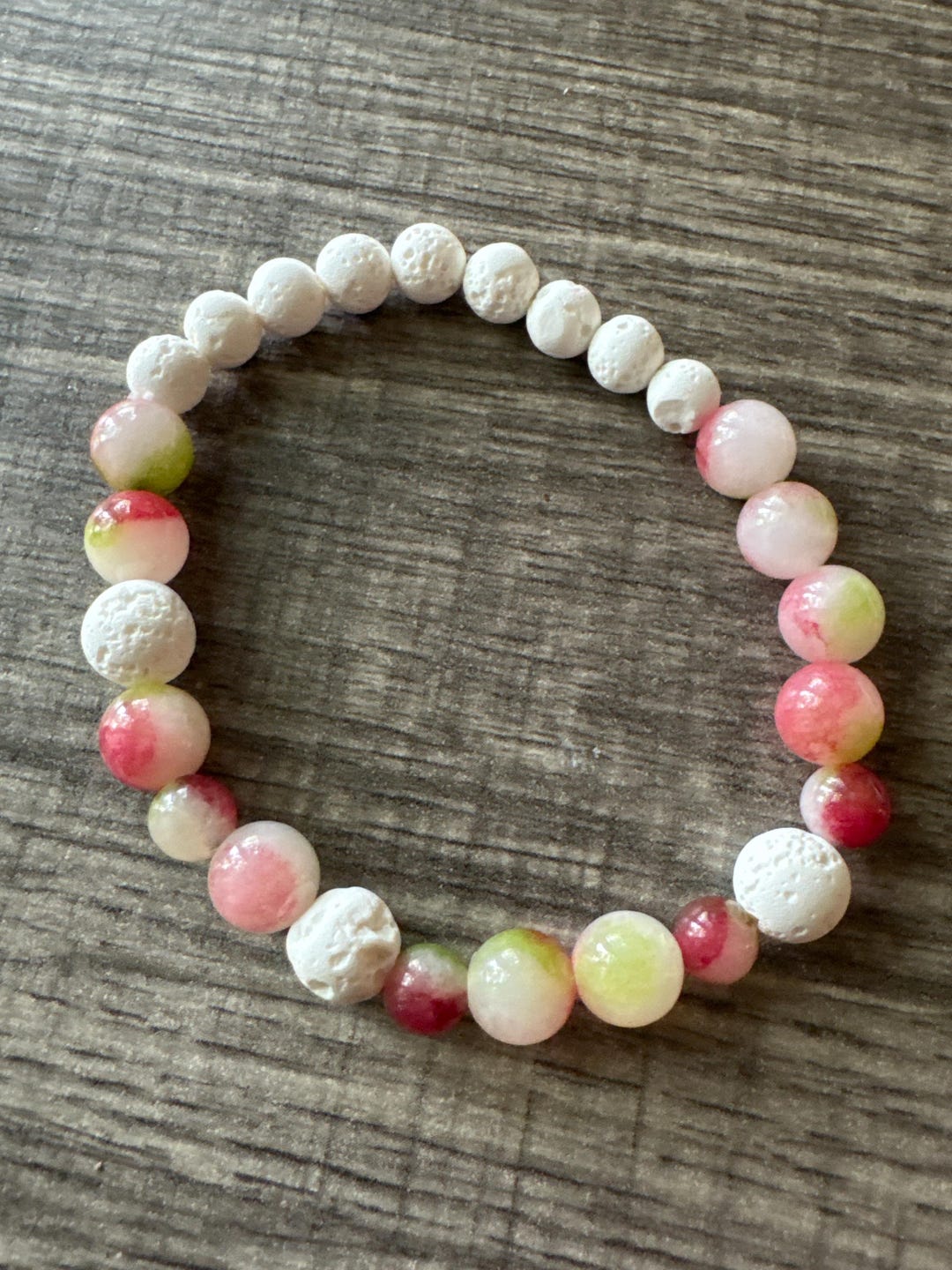 Watermelon Jade & White Lava Bead Stretch Bracelet | Beaded Bracelet ...