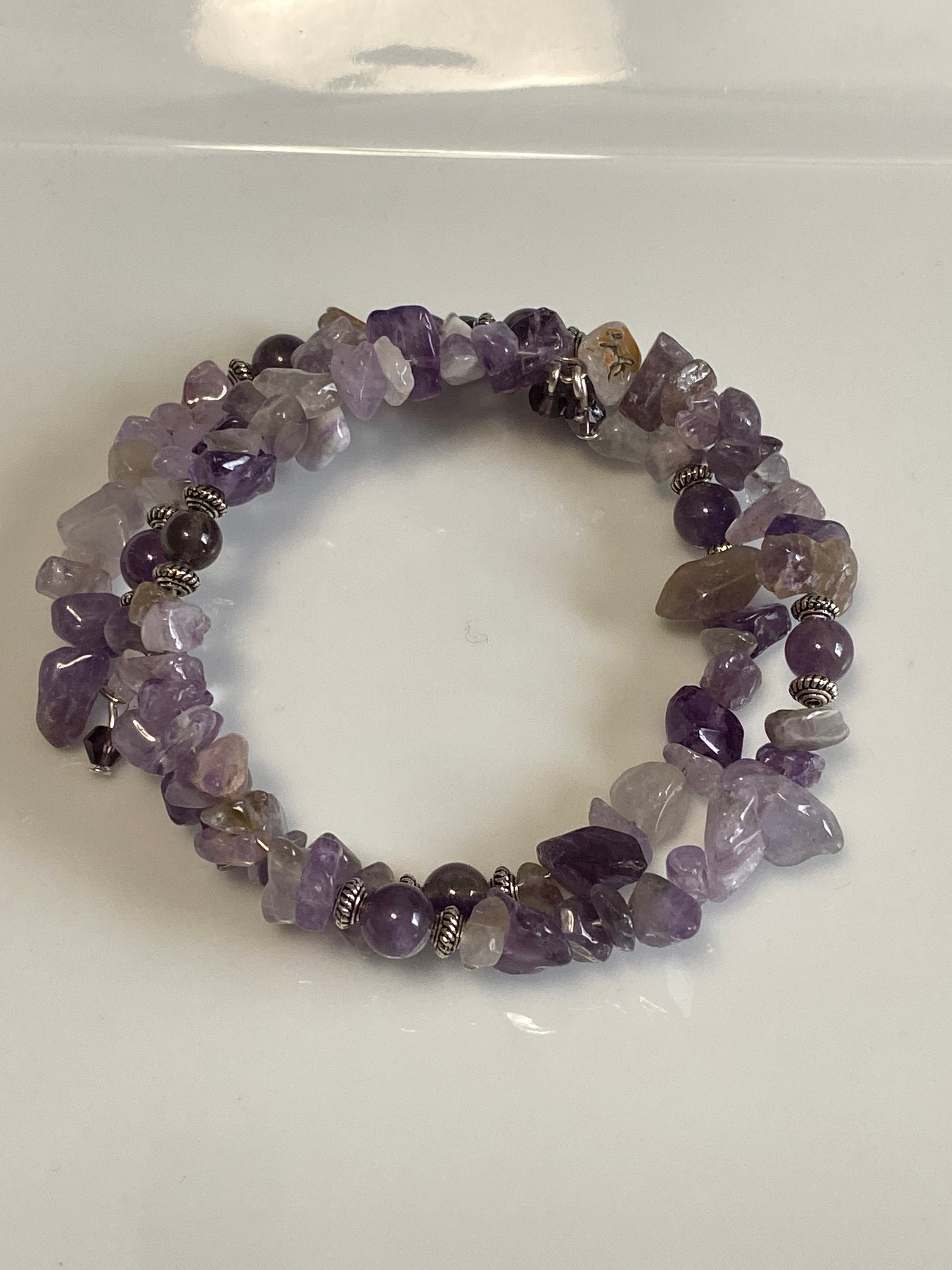 Amethyst Chip & Bead Memory Wire Bracelet