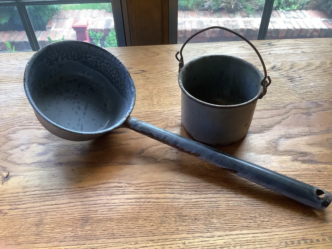 Vintage Blue/gray Enamelware Dipper and Small Pail - Etsy