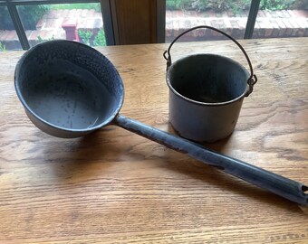 Vintage Enamelware Ladle, Dipper, Blue Splattered With Black and White ...