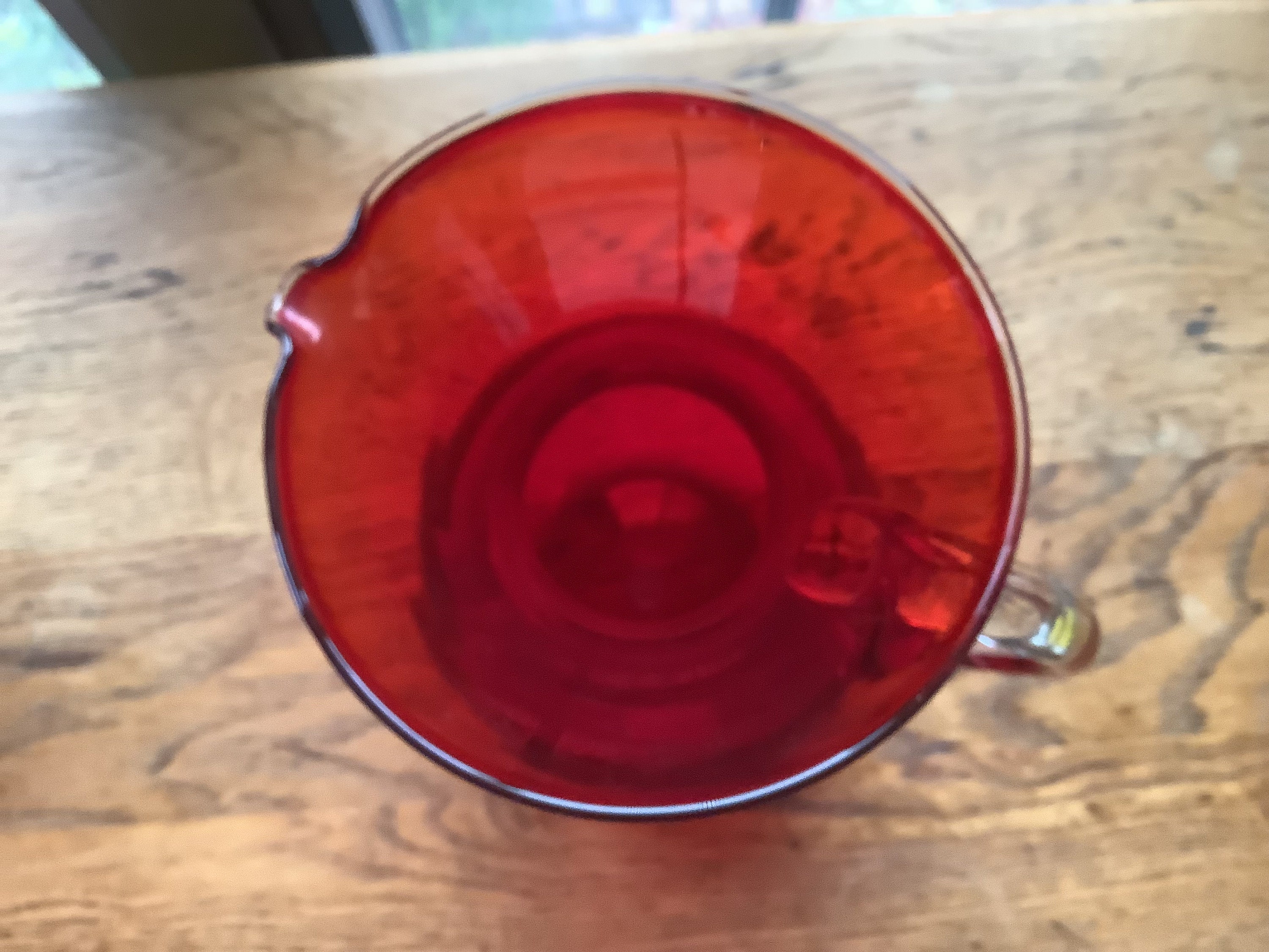 Vintage Hand Blown Ruby Red Pitcher With Clear Glass Handle and Four ...
