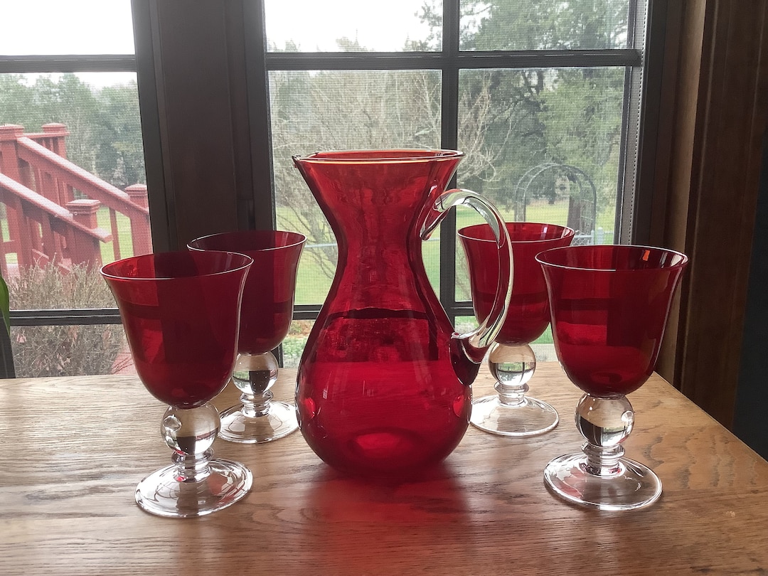Vintage Hand Blown Ruby Red Pitcher With Clear Glass Handle and Four ...