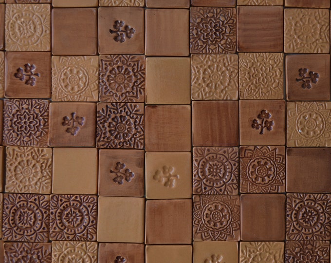 Terracota Mosaic, Handmade Brown Tiles, Floral Design, Small Tiles ...