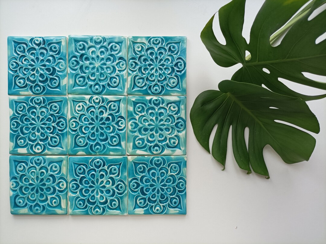 Set of 9/24 Blue Handmade Tiles With Relief Design, Spanish Tiles ...