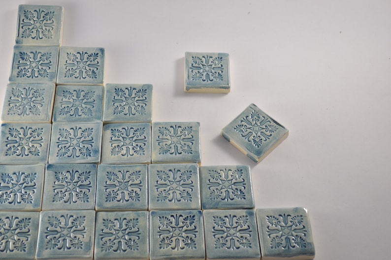 Set of 24 Small Blue Tiles Handmade Tiles Flower Tiles - Etsy