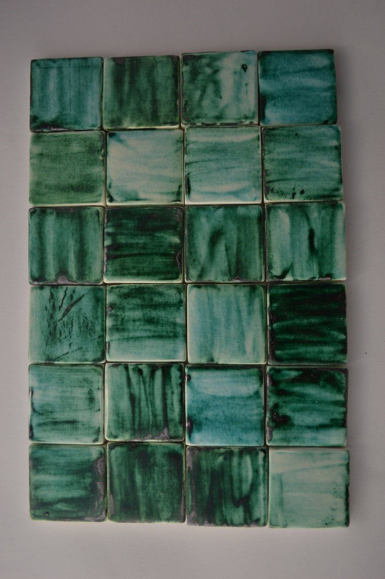 Handmade small tiles green tiles ceramic green mural | Etsy