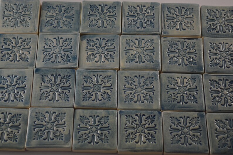 Set of 24 Small Blue Tiles Handmade Tiles Flower Tiles - Etsy