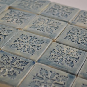 Set of 24 Small Blue Tiles, Handmade Tiles, Flower Tiles, Bathroom ...