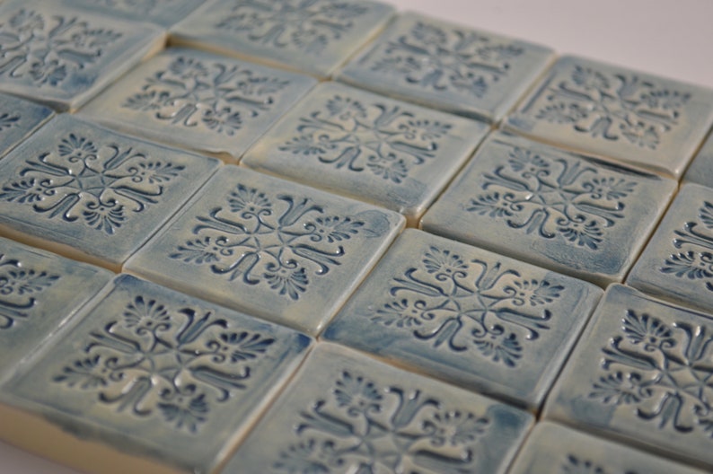 Set of 24 Small Blue Tiles Handmade Tiles Flower Tiles - Etsy