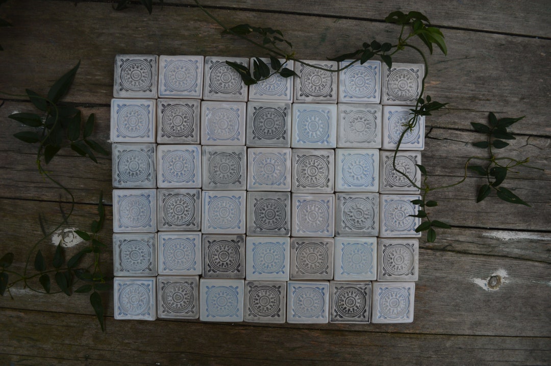 Set of 20 Small Blue and Gray Tiles, Handmade Tiles, Mandala Tiles ...