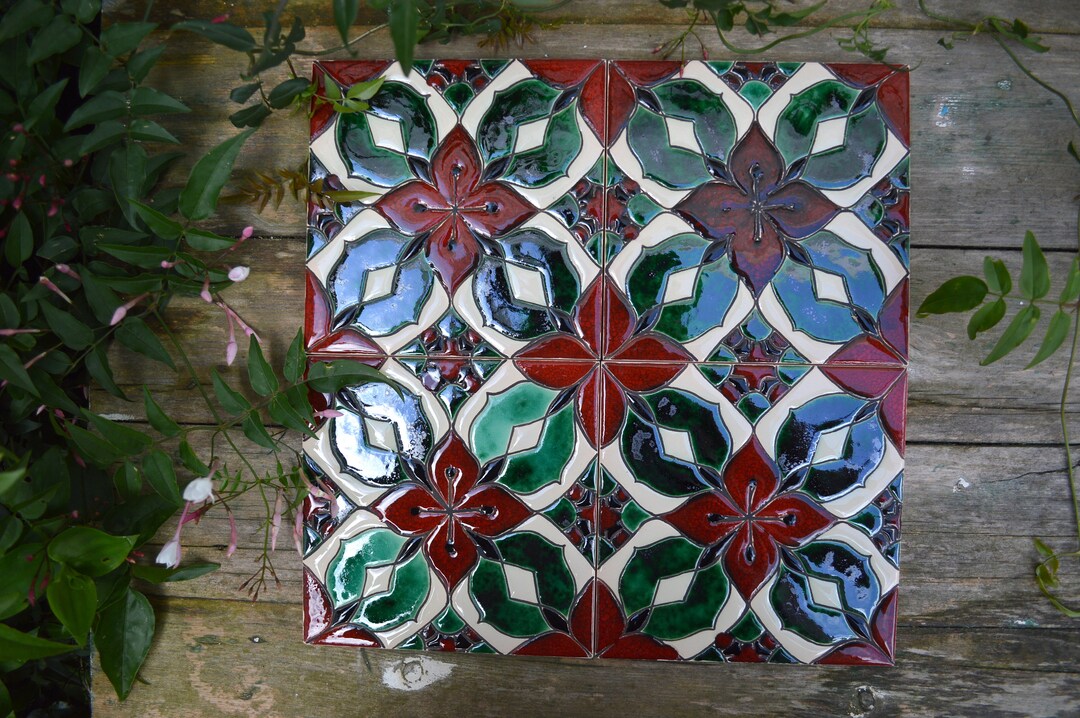 Handpainted Original Spanish Tiles, Bathroom Red Tiles, Red Flower ...