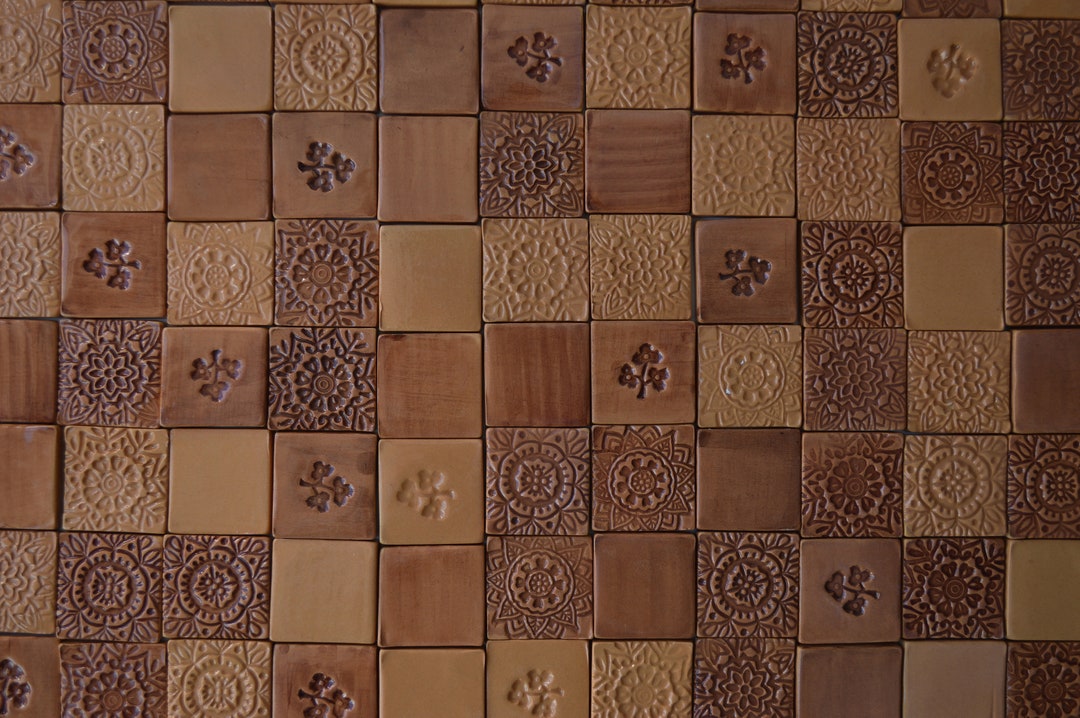 Terracota Mosaic, Handmade Brown Tiles, Floral Design, Small Tiles ...