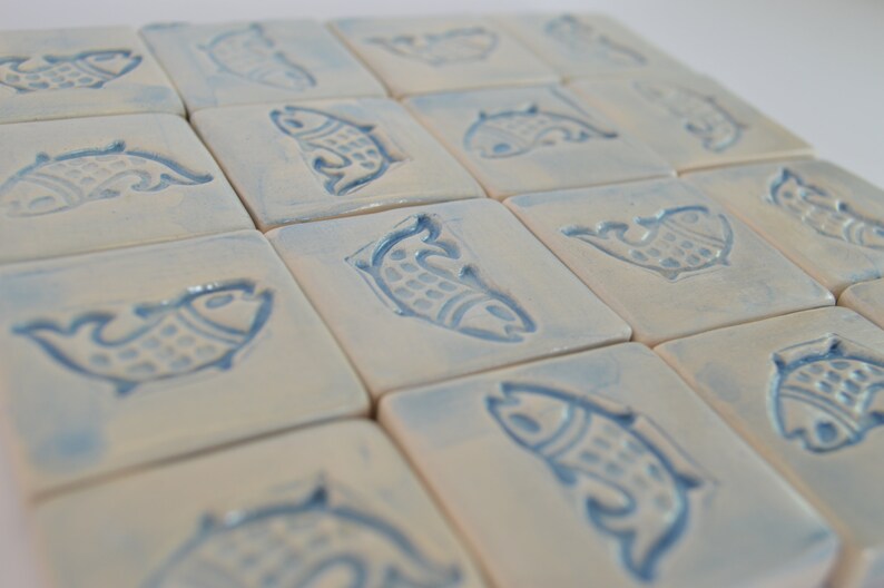 Small Blue Ceramic Tiles With Fish Design Spanish Tiles Fish - Etsy
