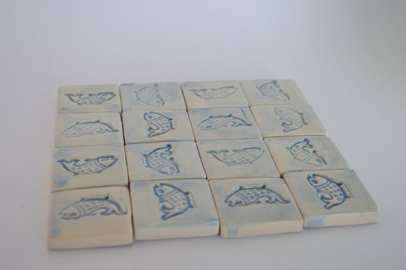 Small Blue Ceramic Tiles With Fish Design Spanish Tiles Fish - Etsy