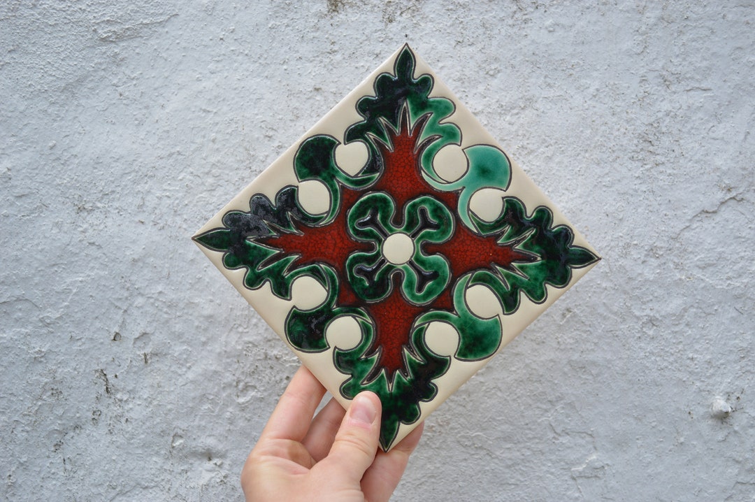 Handpainted Original Spanish Tiles, Bathroom Red Tiles, Red Flower ...