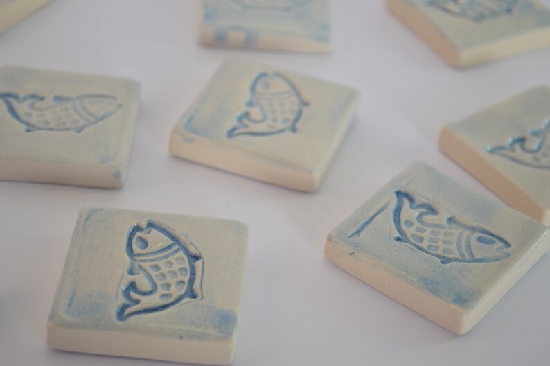 Small Blue Ceramic Tiles With Fish Design Spanish Tiles Fish - Etsy