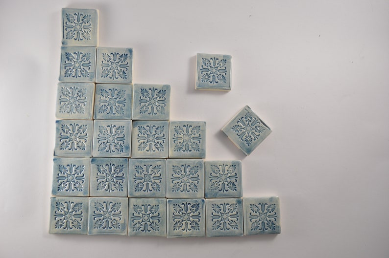 Set of 24 Small Blue Tiles Handmade Tiles Flower Tiles - Etsy