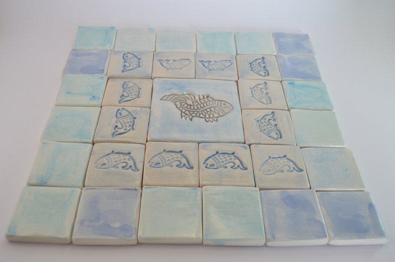 Small Blue Ceramic Tiles With Fish Design Spanish Tiles Fish - Etsy