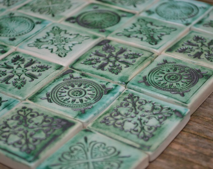 Handmade Small Tiles, Green Tiles, Ceramic Green Mural, Mosaic, Kitchen ...