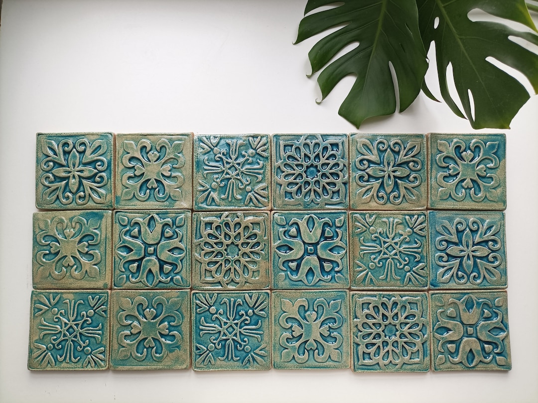 Set of 18 Blue Handmade Tiles With Beautiful Design, Spanish Tiles ...