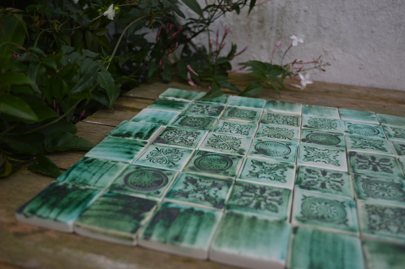 Handmade small tiles green tiles ceramic green mural | Etsy