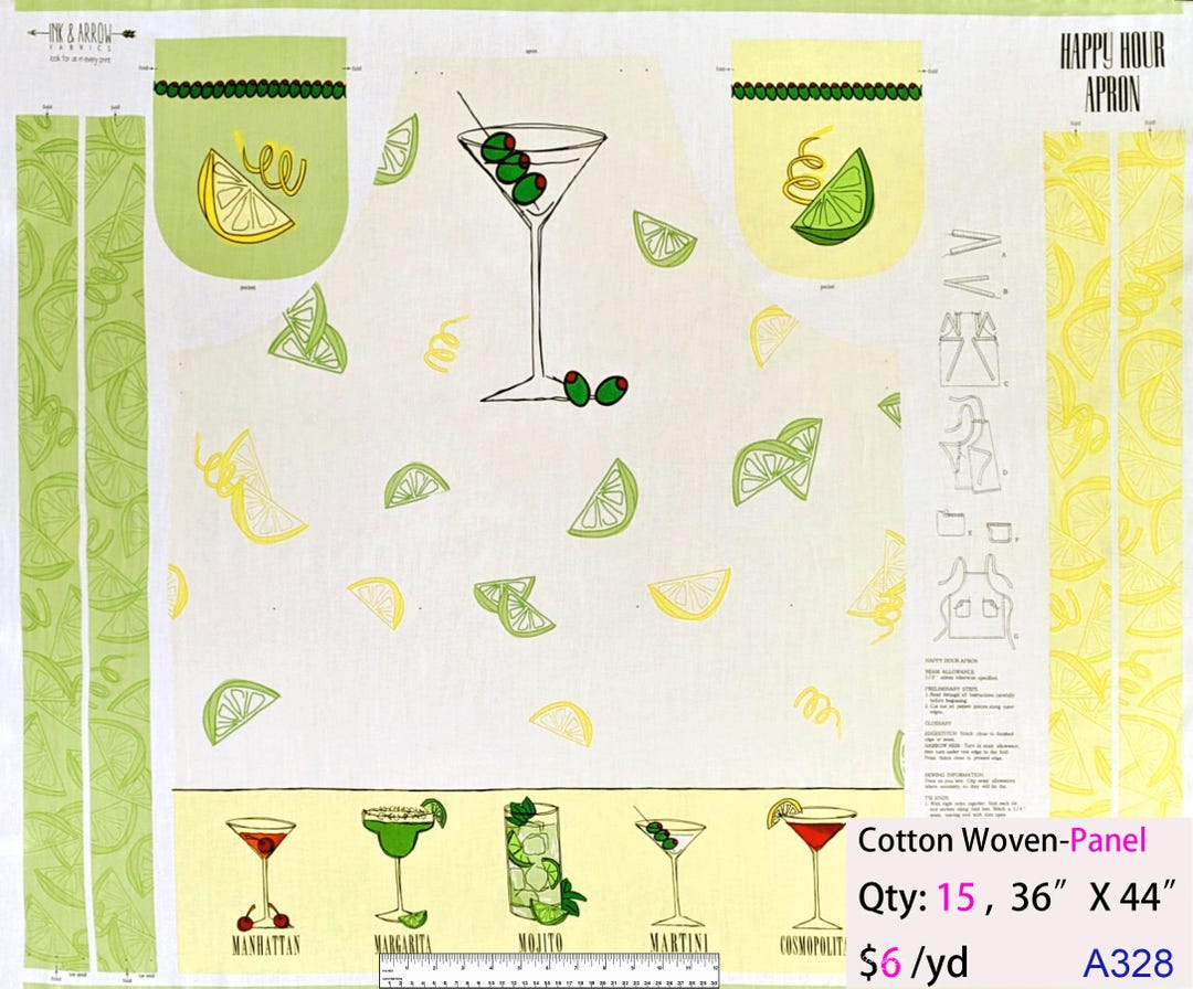 100% Cotton,quilting Treasures,happy Hour Cocktail Apron Panel,food ...