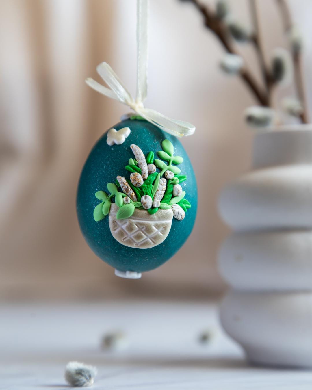 Handmade Sculpted Floral Easter Egg Ornament, Botanical Basket Design ...