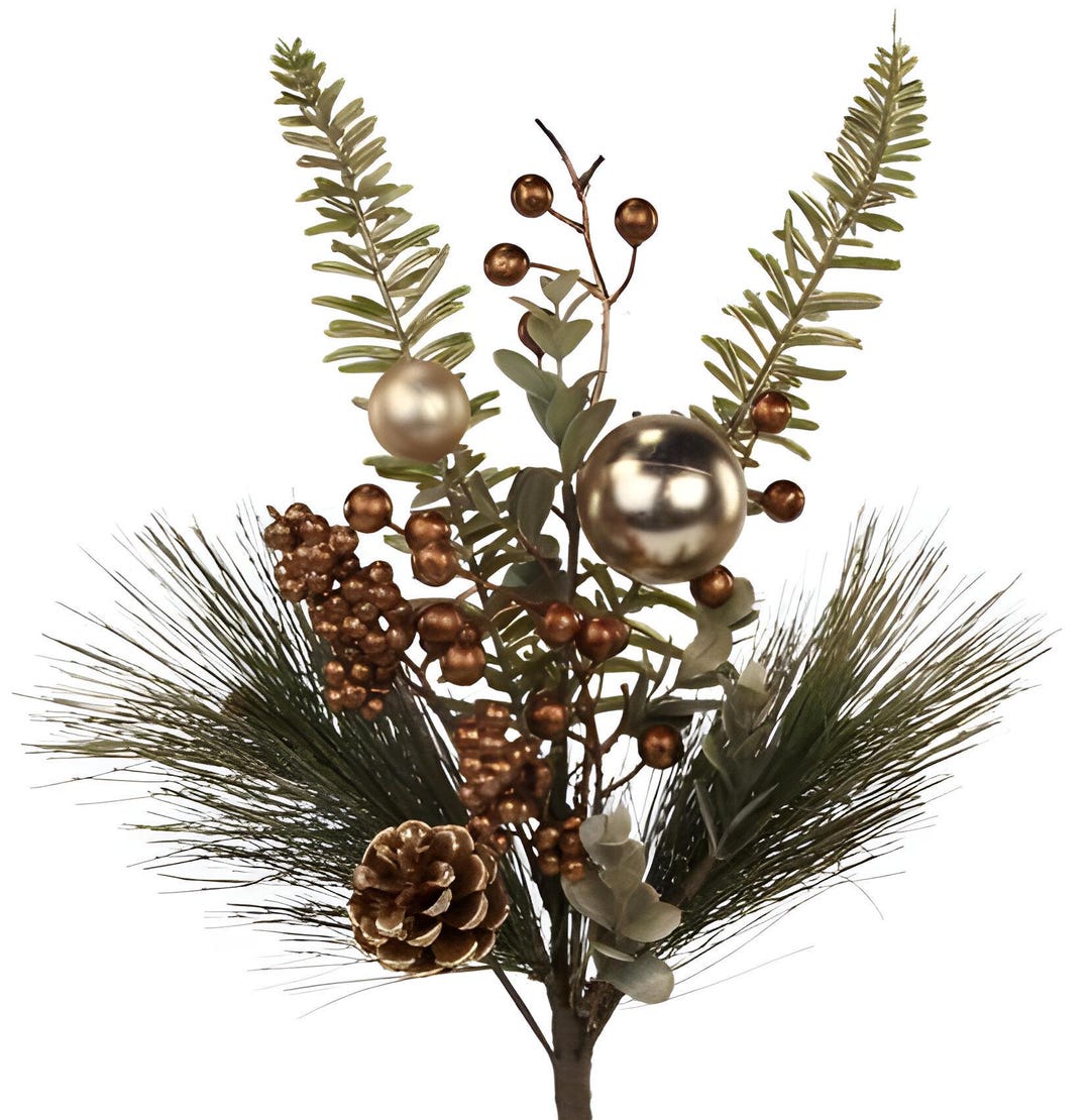 21" Christmas Stems, Faux Mixed Pine Spray on Stem Metallic Copper and ...