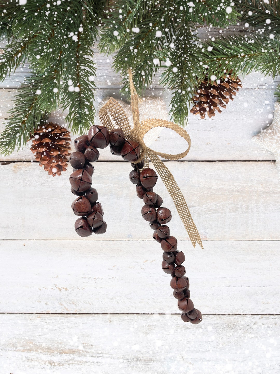 Large Rusty Jingle Bell Candy Cane Christmas Ornament With Burlap Bow ...