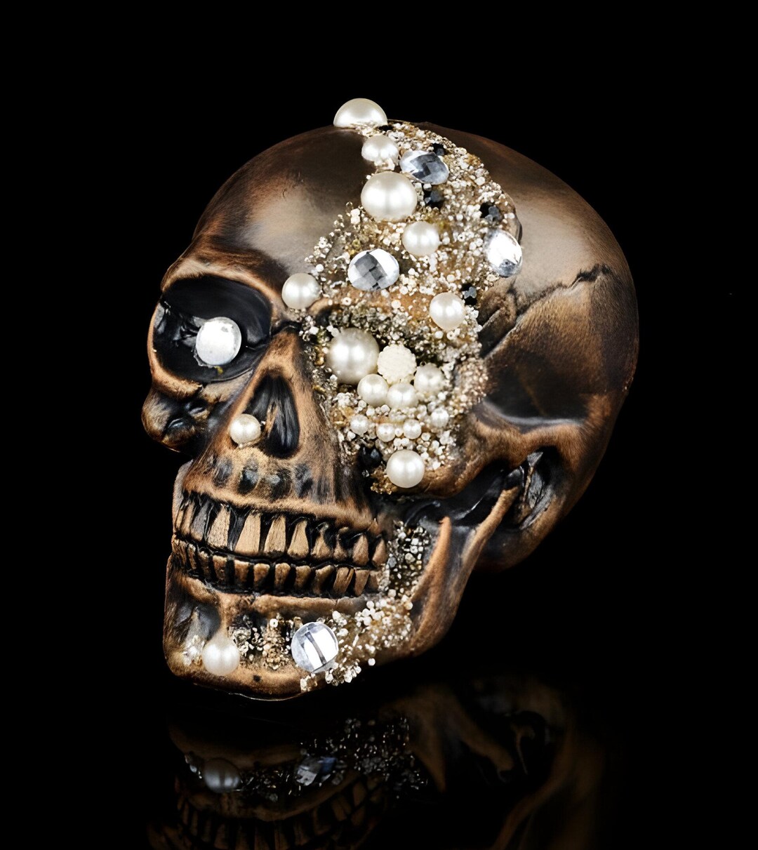 8" Skull With Pearls and Beads - Antique Gold, Pearl Skull, Halloween ...