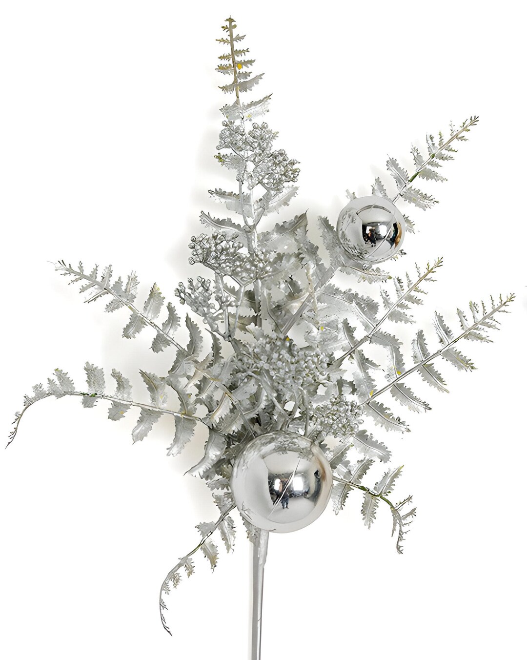 16 Christmas Stems, Faux Metallic Glittered Silver Fern Leaf Spray on ...