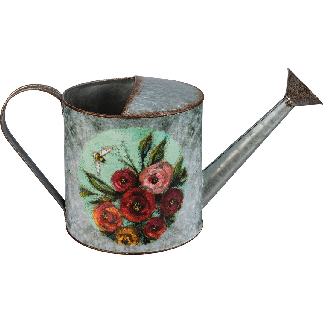 14.25" Rustic Watering Can-distressed Galvanized With Spout and Floral ...