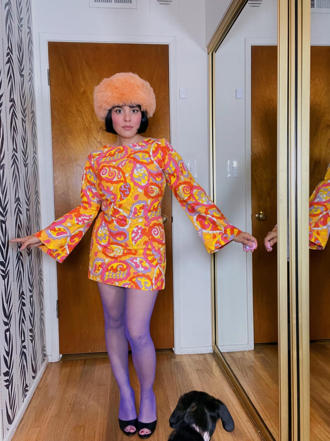 Vintage 60s 70s Mod Beatles Psychedelic Print Bell Sleeve Mini Dress ...