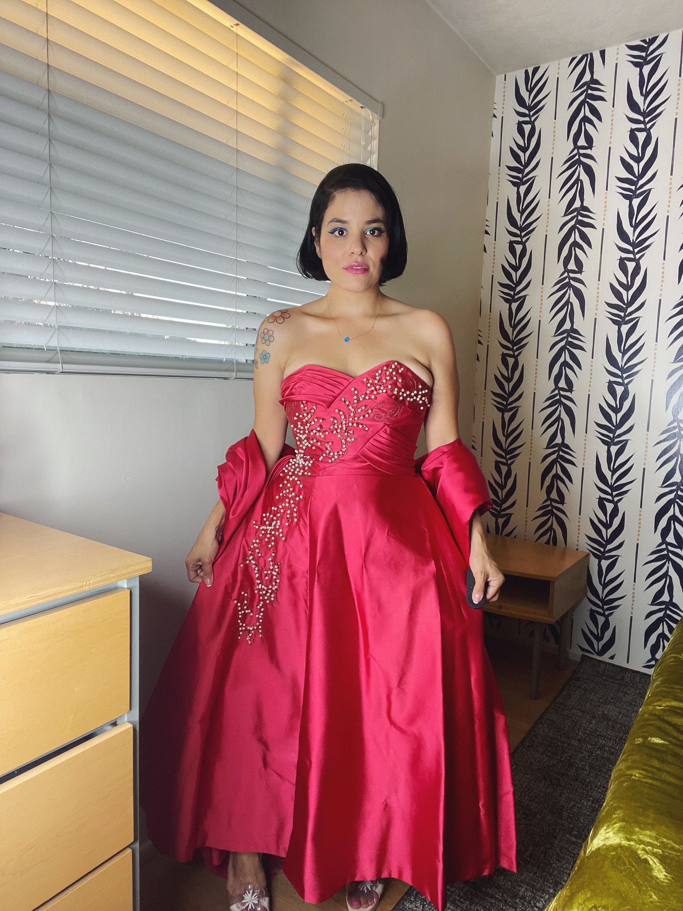 Vintage 50s / 60s Emma Domb Raspberry Pink Iridescent Pearls Sequins ...