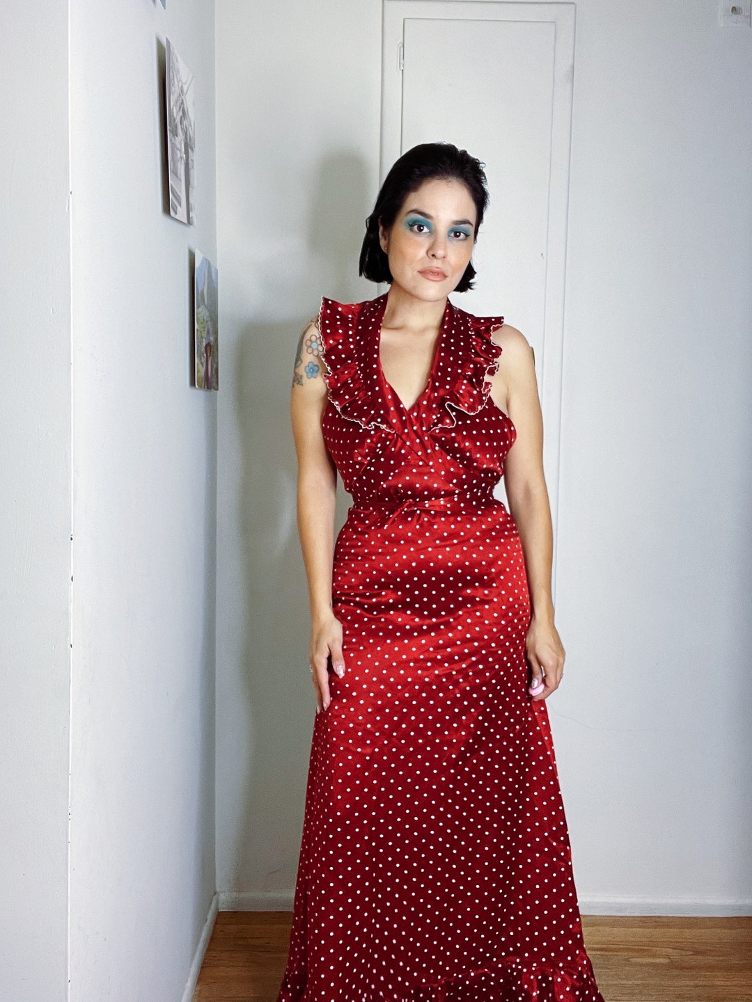 Vintage 70s Red Wine Polka Dot Silk Blend Maxi Dress Fits - Etsy