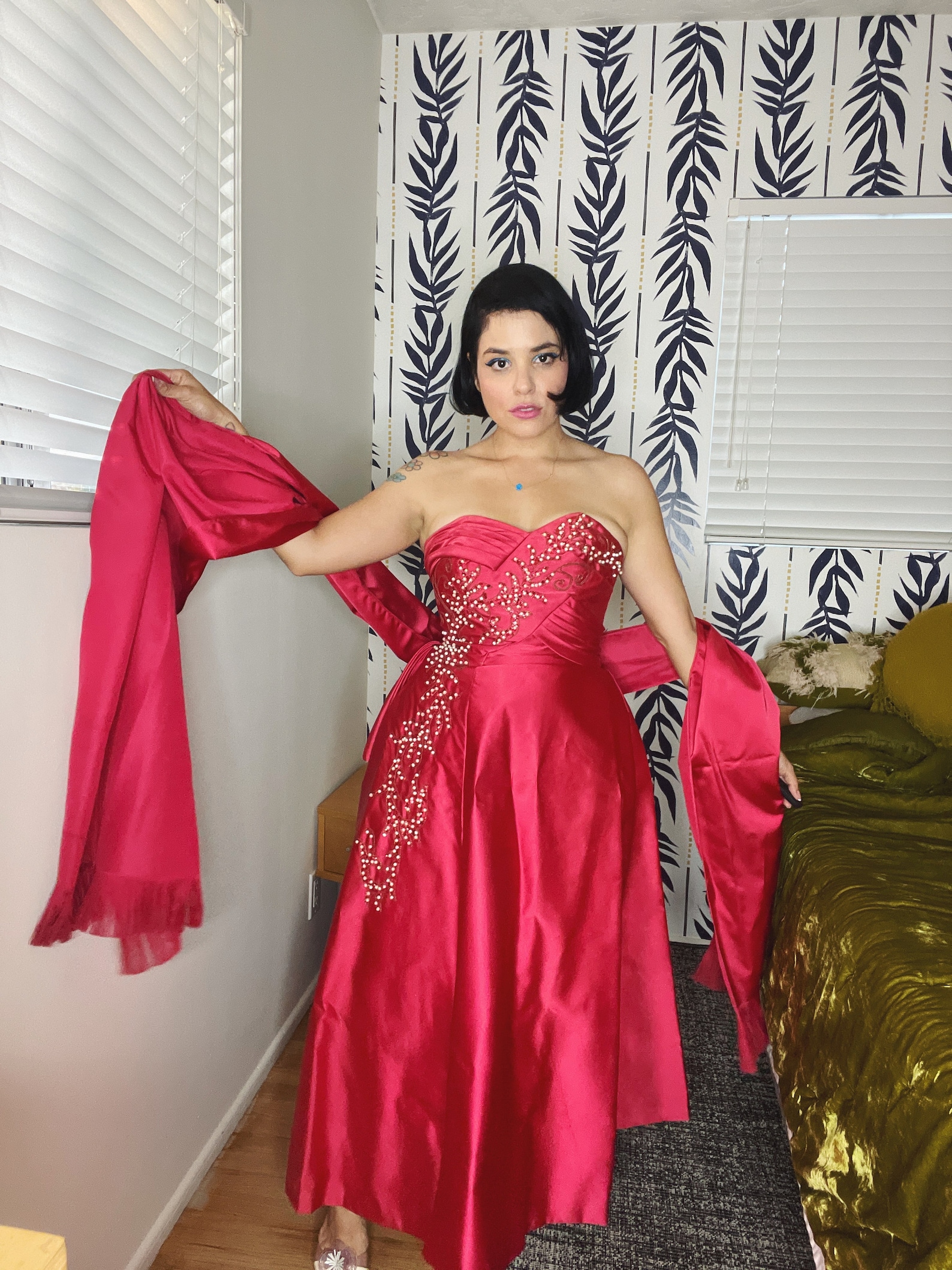 Vintage 50s / 60s Emma Domb Raspberry Pink Iridescent Pearls Sequins ...