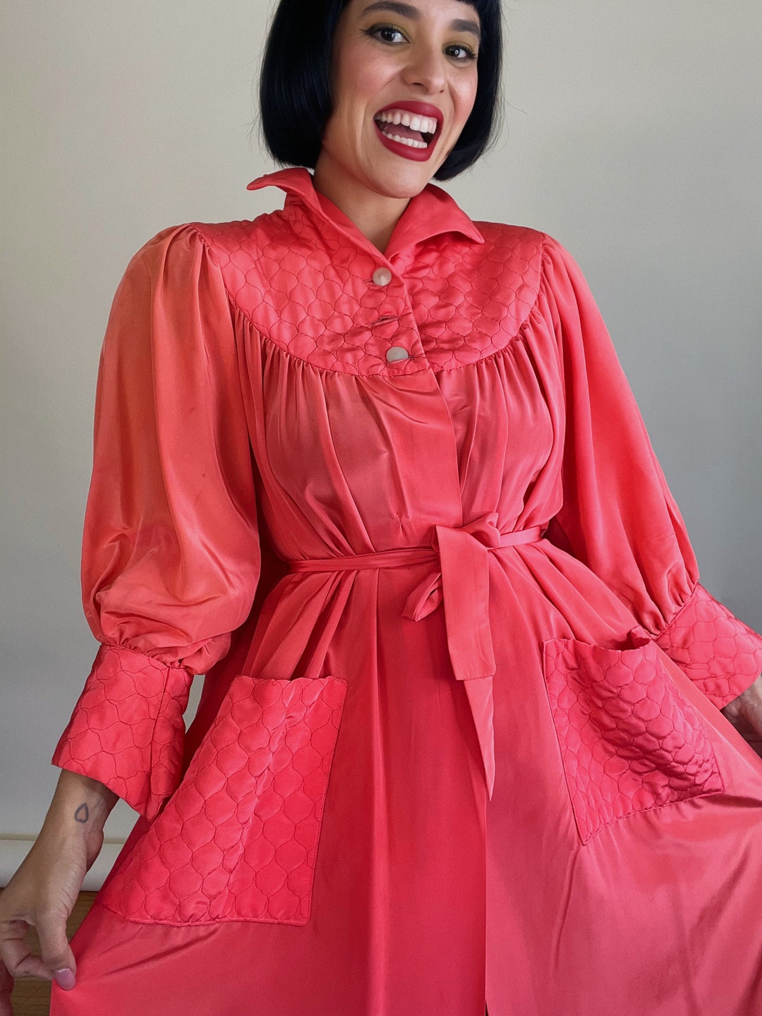 Vintage 40s 50s Salmon Coral Pink Duster Coat W/ Balloon Sleeve Fits ...