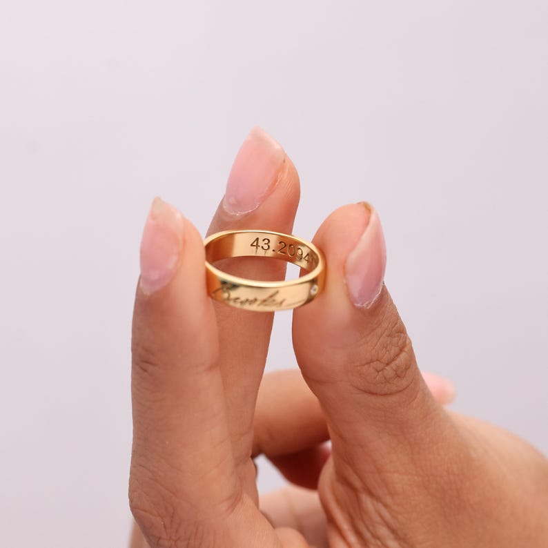 Engraved Handwriting Band Ring With Birthstone - Custom Wedding Bands - Bridesmaids Gift ...