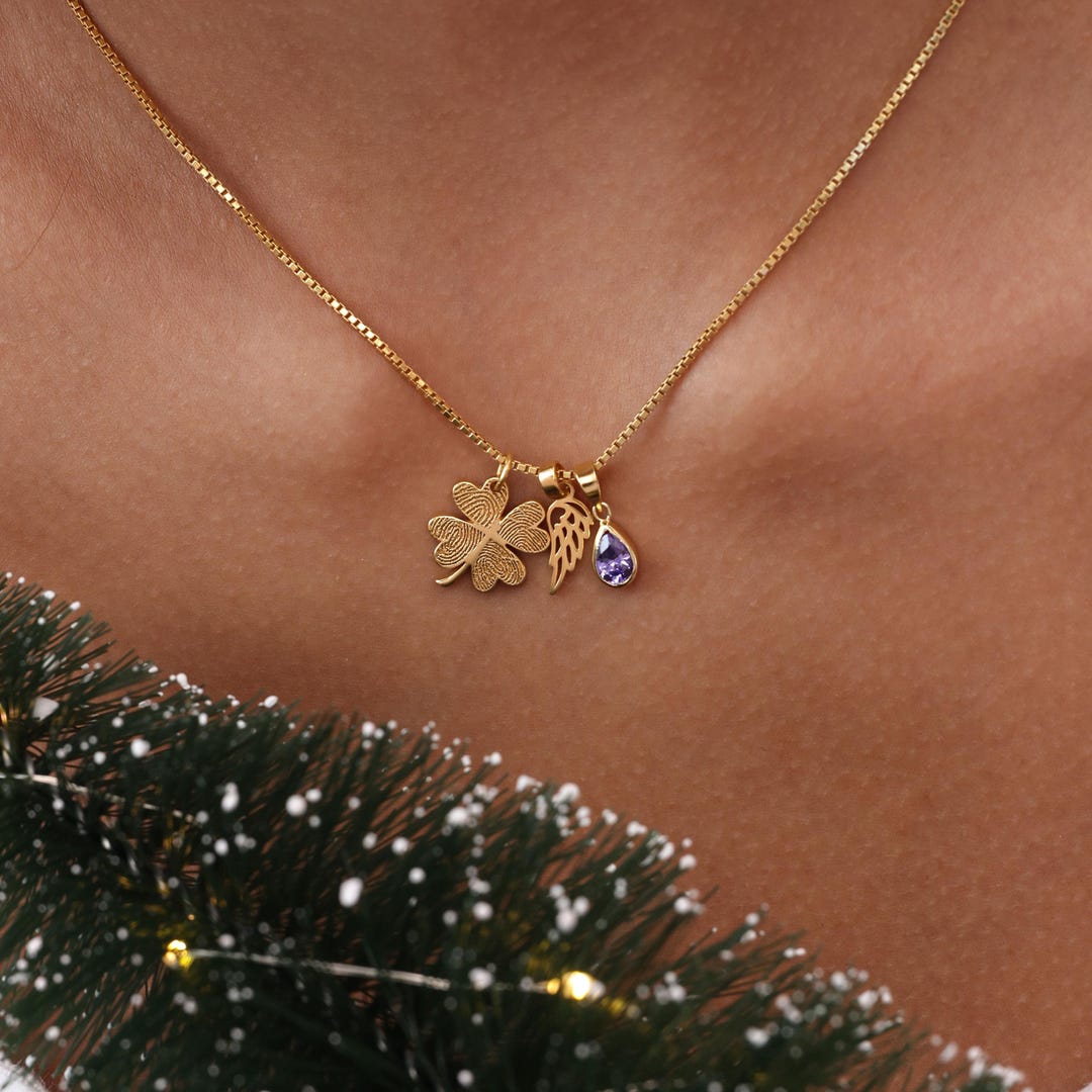 Four Leaf Clover Fingerprint Necklace With Angel Wing/ Birthstone by ...